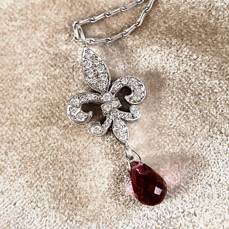 Diamond Fleur De Lis Pendant With Tourmaline Drop On Chain In White