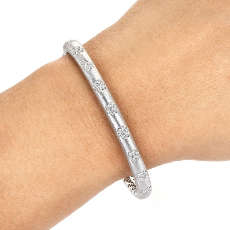 Diamond Flower 18k White Gold Rigato Stackable Bangle Bracelet For Sale ...