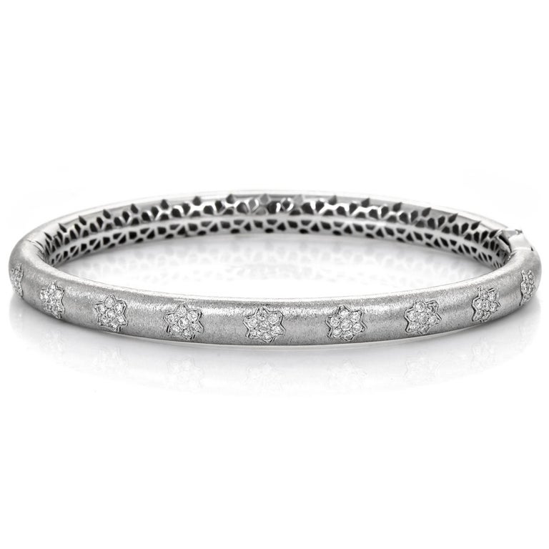 Diamond Flower 18k White Gold Rigato Stackable Bangle Bracelet For Sale ...