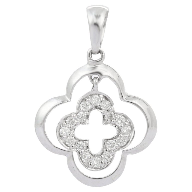 Pave Set Diamond Flower Charm Pendant in 18K Solid White Gold For Sale ...