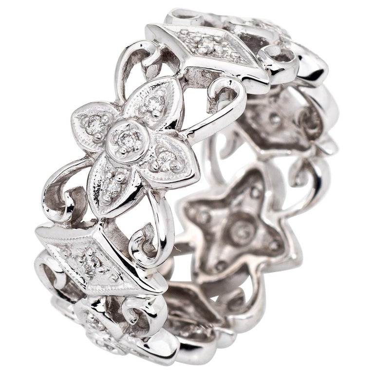 Diamond Flower Eternity Ring Estate 14 Karat White Gold Vintage Fine ...