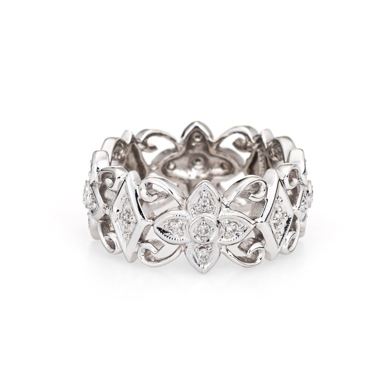 Diamond Flower Eternity Ring Estate 14 Karat White Gold Vintage Fine ...