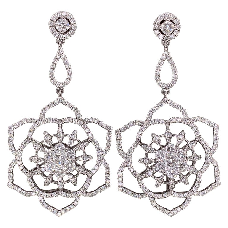 Diamond Flower Gold Drop Earrings For Sale (Free Shipping) at 1stDibs