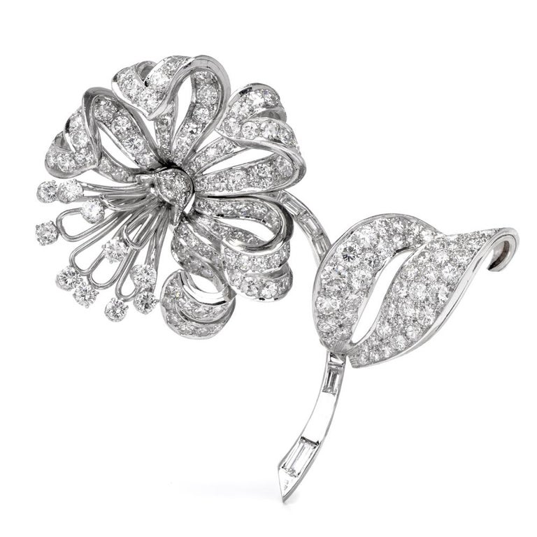 Diamond Flower Platinum Brooch Pin For Sale at 1stDibs