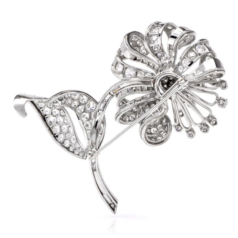 Diamond Flower Platinum Brooch Pin For Sale at 1stDibs