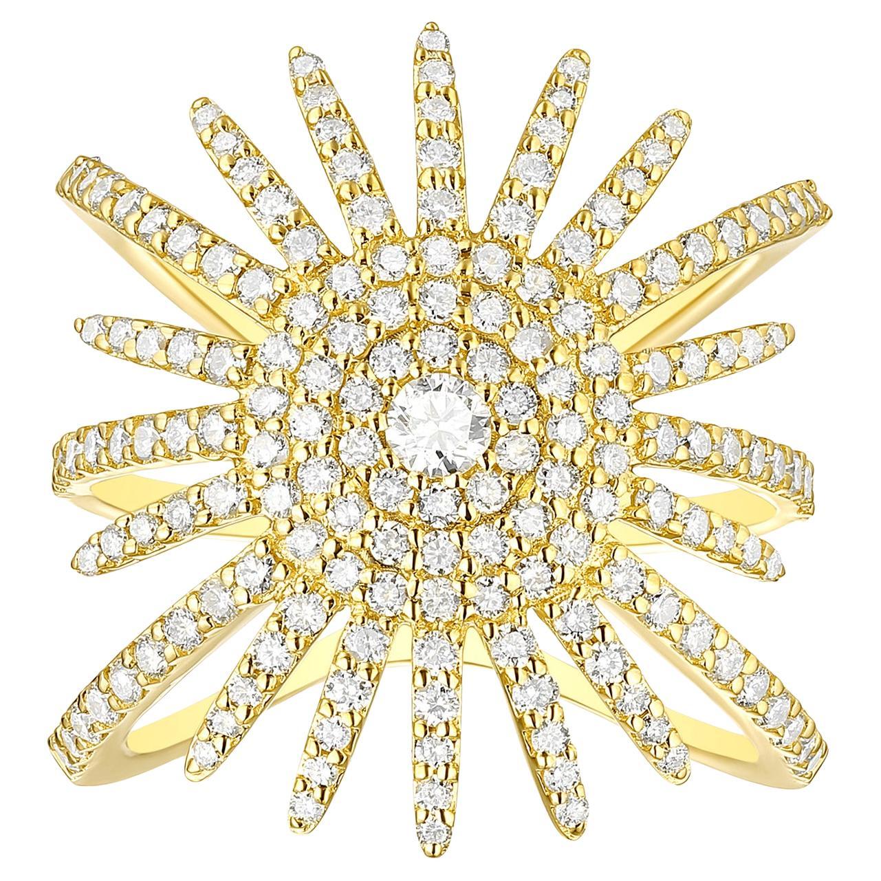 14k Yellow Gold Flower Diamond Ring For Sale at 1stDibs
