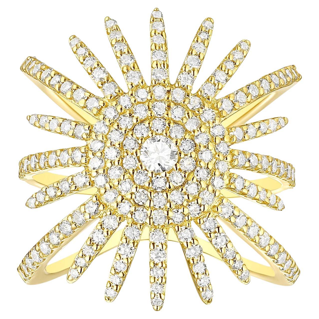 14k Yellow Gold Flower Diamond Ring For Sale at 1stDibs