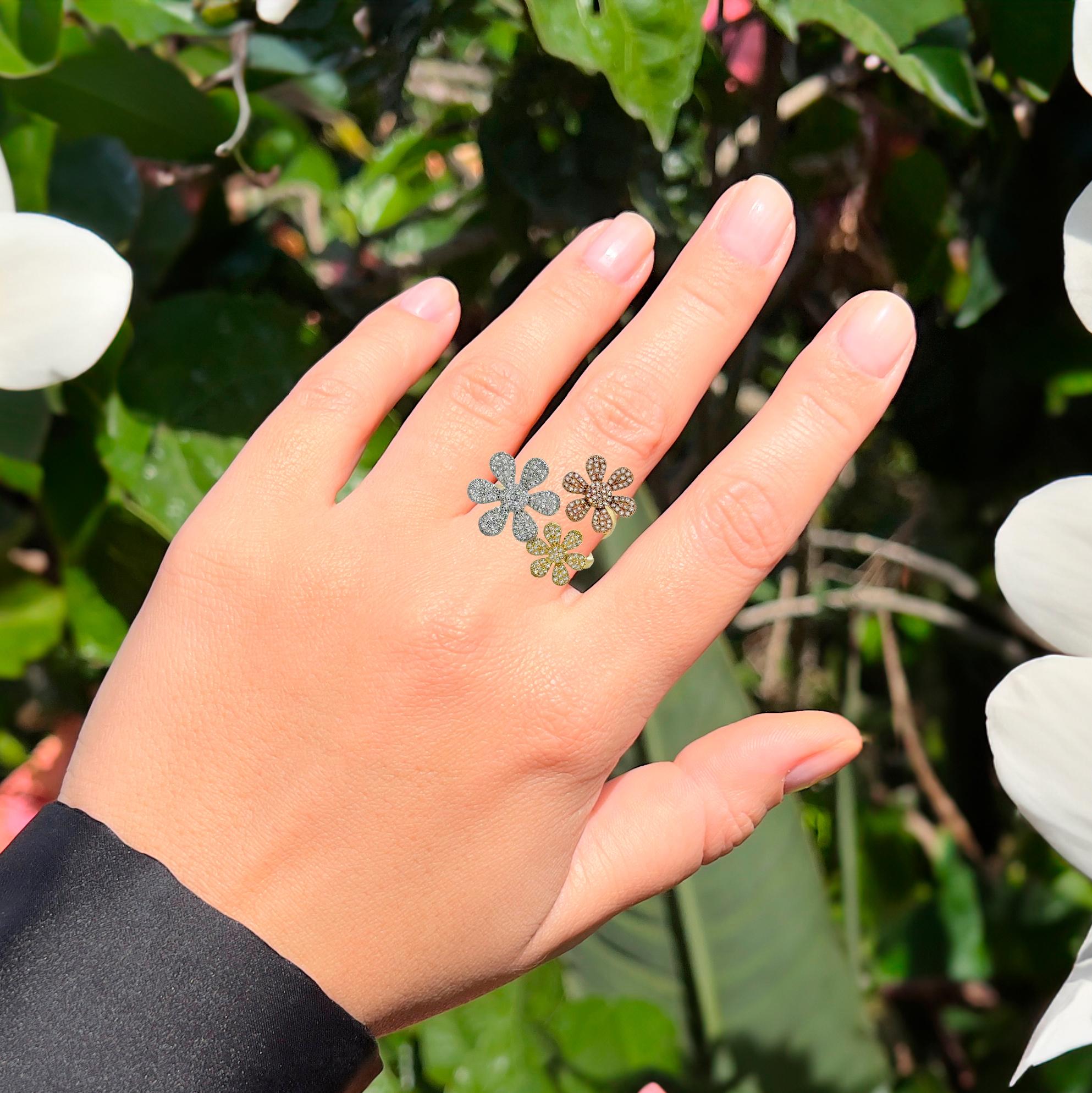 Diamond Flower Ring 261 Diamonds 14K Tri-Color Gold For Sale at 1stDibs