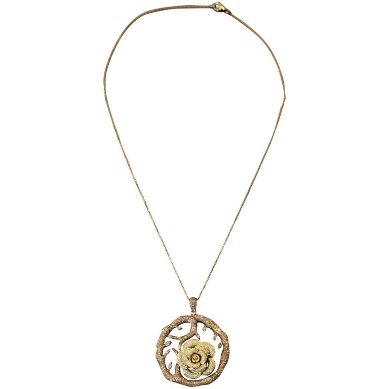 Diamond Flower Tree Two-Tone Gold Pendant Necklace at 1stDibs