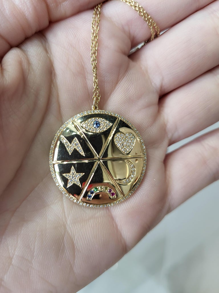 Diamond and Gemstone Multi Symbol 14 Karat Yellow Gold Medallion ...