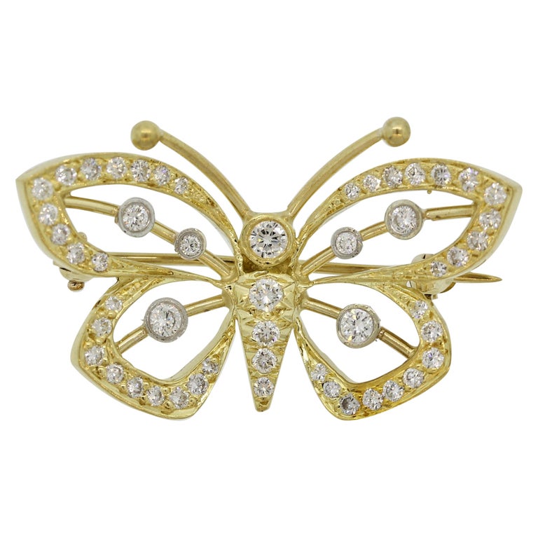 Diamond Gold and Platinum Butterfly Pin Brooch For Sale at 1stDibs