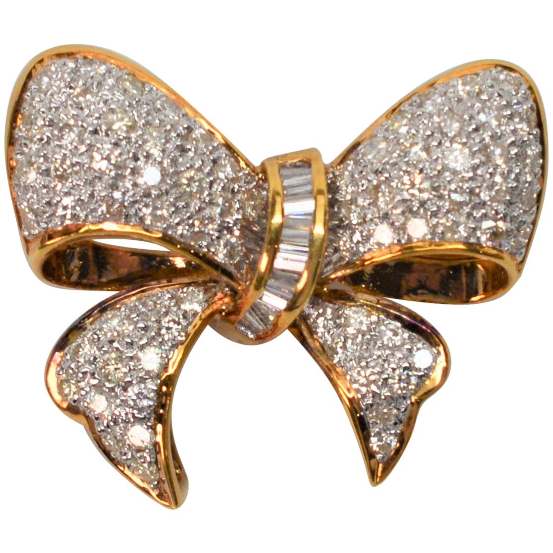 Diamond and Gold Bow Brooch Pin Pendant at 1stDibs
