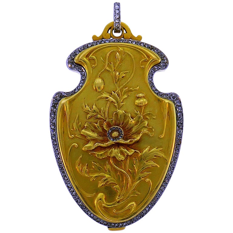 Diamond Gold Compact Locket Pedant Art Nouveau French with Mirror at ...