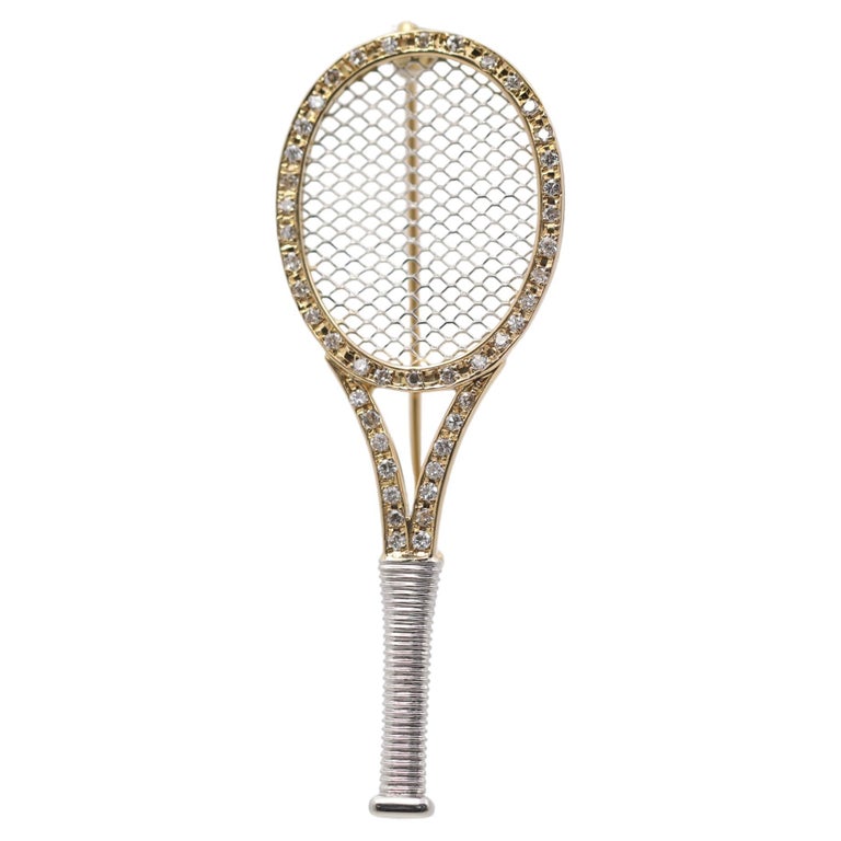 Diamond Gold and Platinum Two-Tone Tennis Racket Pin Brooch at 1stDibs