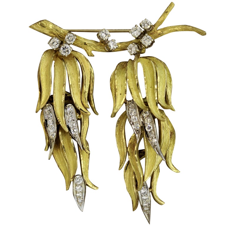 Diamond Gold “Tree Branch” Brooch For Sale at 1stDibs