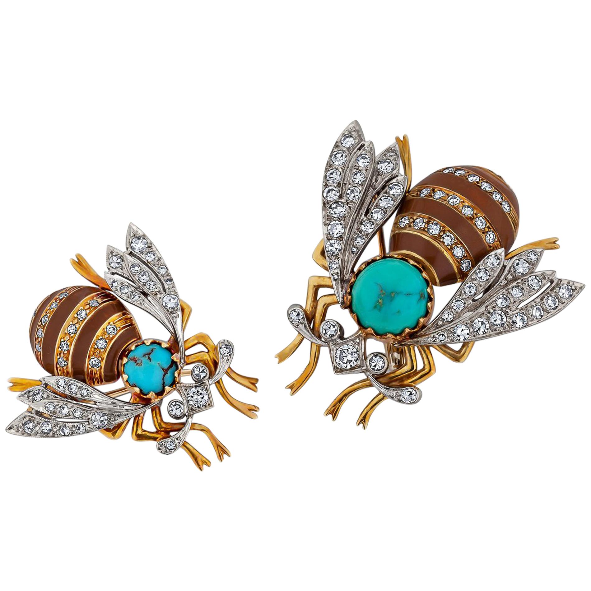 Diamond Gold Turquoise Enamel Bee Brooches at 1stDibs