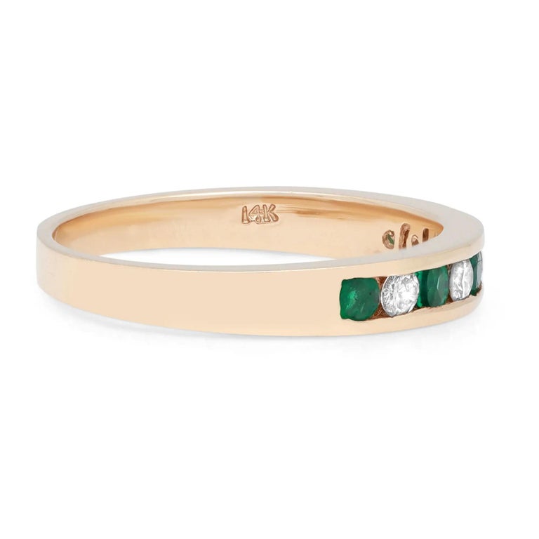 Diamond and Green Emerald Ladies Channel Set Band Ring 14K Yellow Gold ...