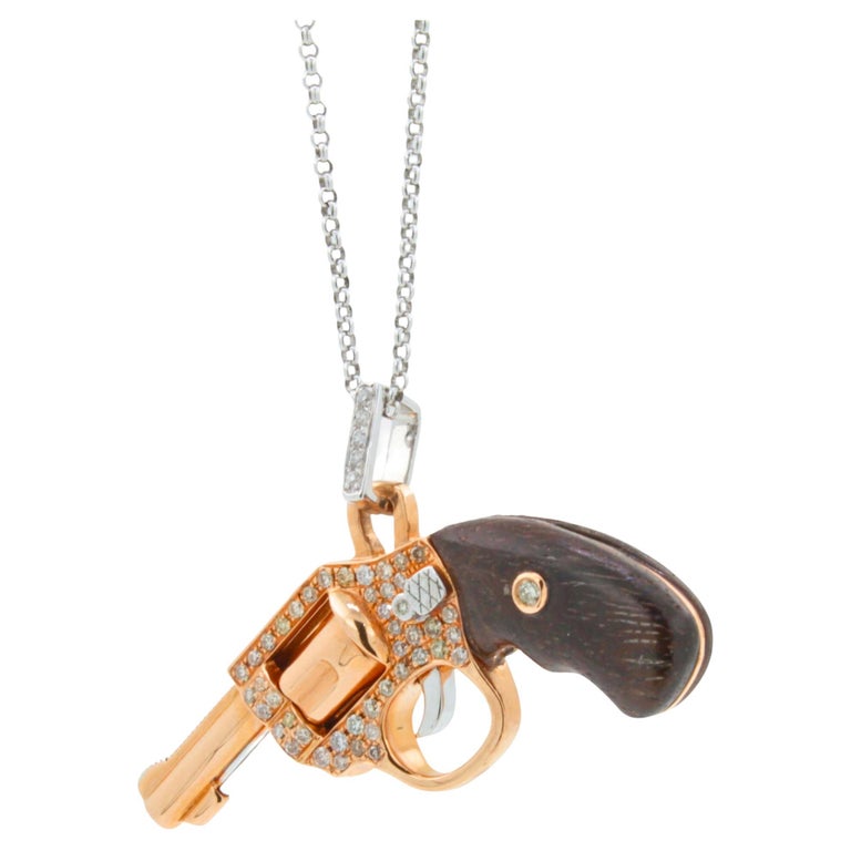 Diamond Pave Gun Revolver Gemstone Rosewood 18K Rose Gold Necklace ...