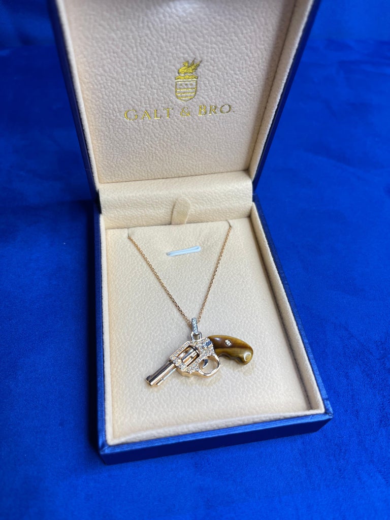 Diamond Pave Gun Revolver Tiger's Eye Gem 18K Rose Gold Necklace ...