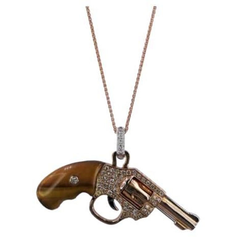 Diamond Pave Gun Revolver Tiger's Eye Gem 18K Rose Gold Necklace ...
