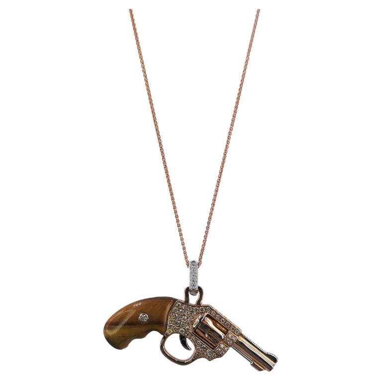 Diamond Pave Gun Revolver Tiger's Eye Gem 18K Rose Gold Necklace ...