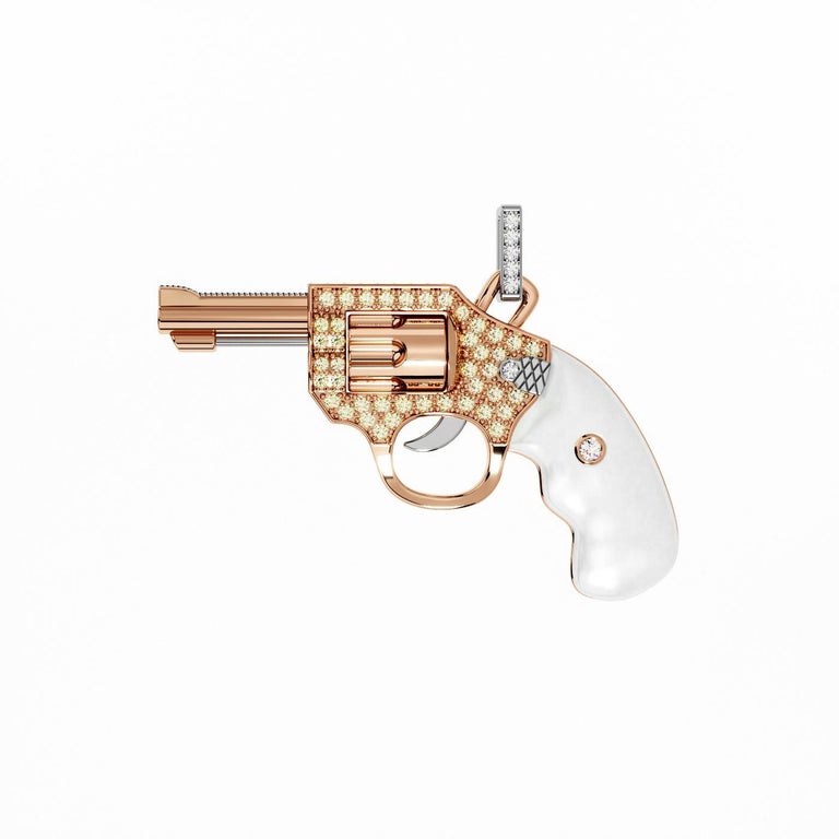 Diamond Gun Revolver White Pearl Gem 18 Karat Rose Gold Necklace ...