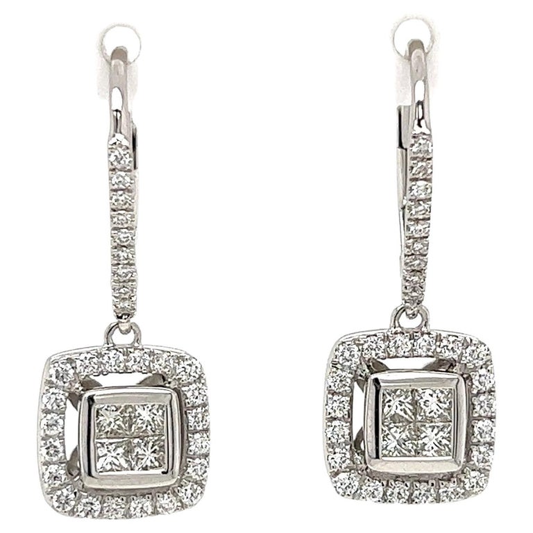 Diamond Halo Cluster Art Deco Revival Gold Drop Earrings Estate For ...