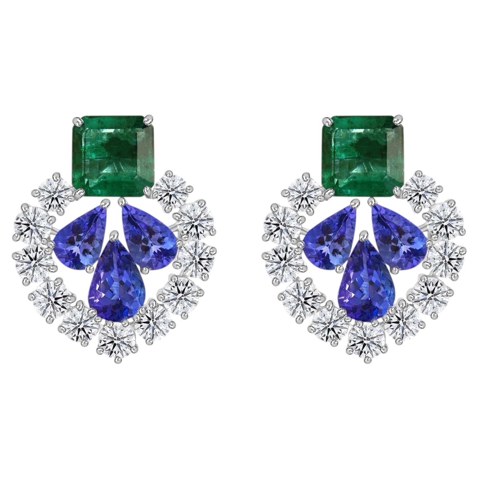 Natural Tanzanite Diamond Floral Cluster Statement Earrings in 18K ...