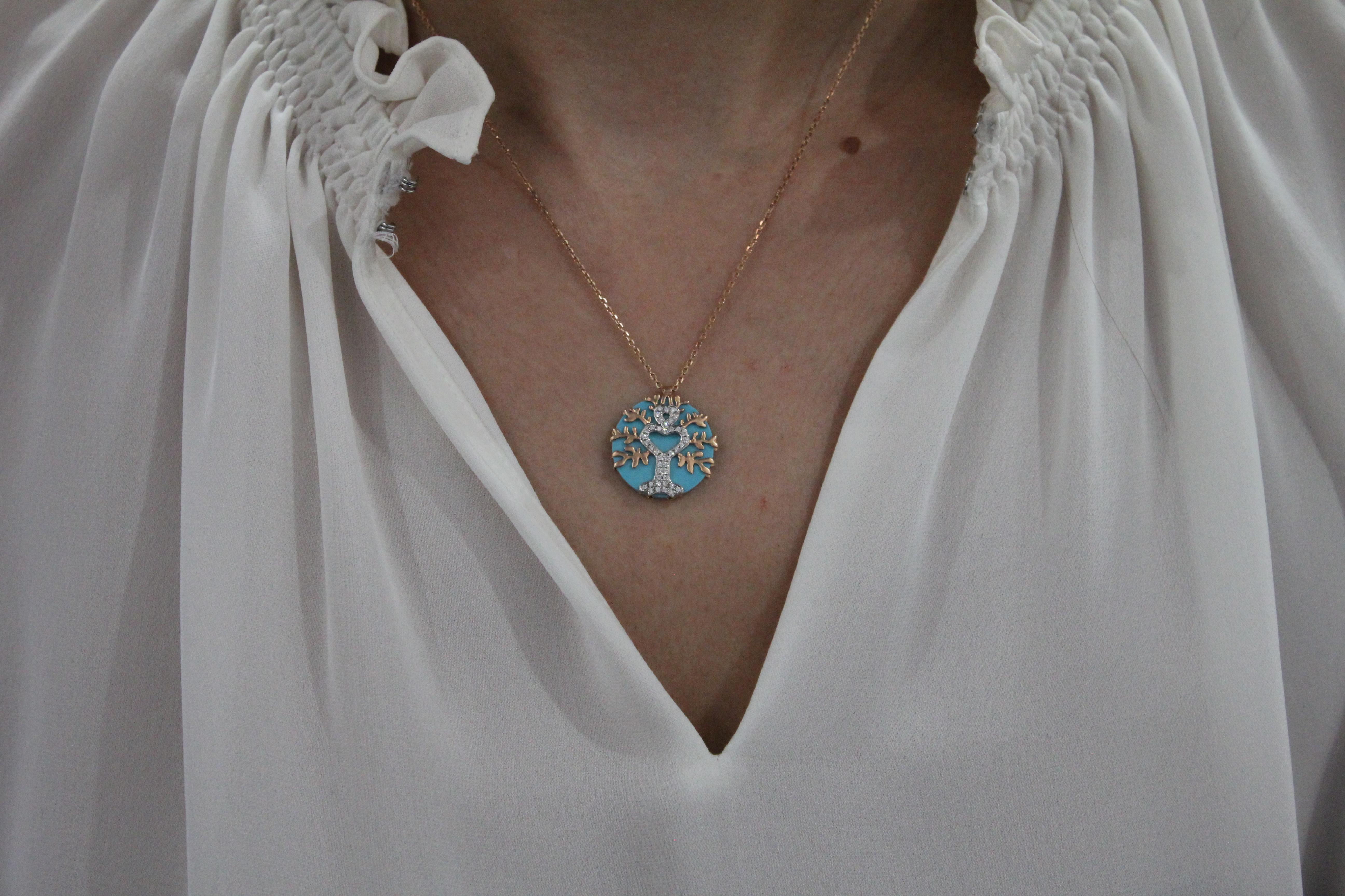 Diamond Halo Tree Life Turquoise 18 Karat Gold Pendant Charm Medallion ...
