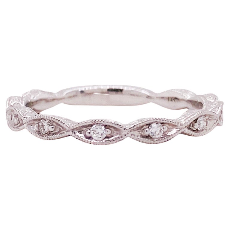 Diamond Hand Engraved Stackable Band, Round Diamonds Scallop 14K Gold ...