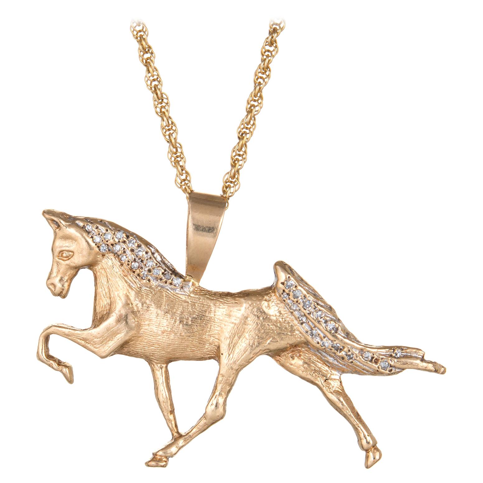 Diamond Horse Necklace Vintage 14 Karat Yellow Gold Chain Equestrian ...