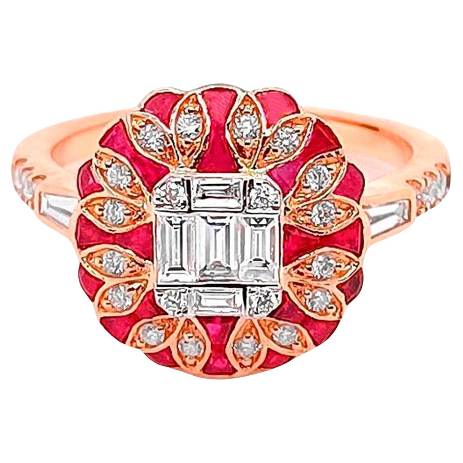 Diamond Illusion Set Ring With Rubies 2.02 Carats 18K Rose Gold For ...