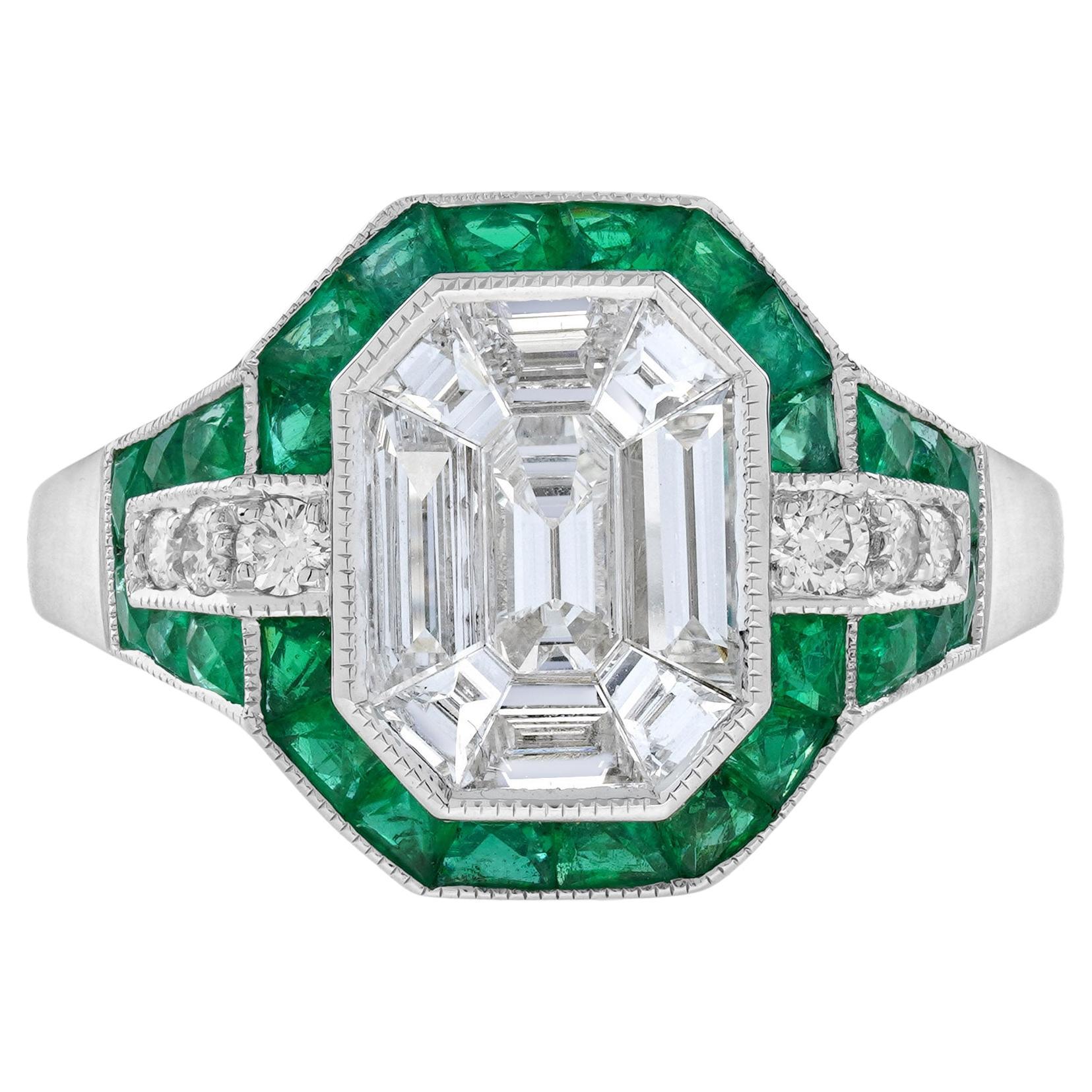 Diamond Illusion Set with Emerald Art Deco Style Engagement Ring in 18K ...