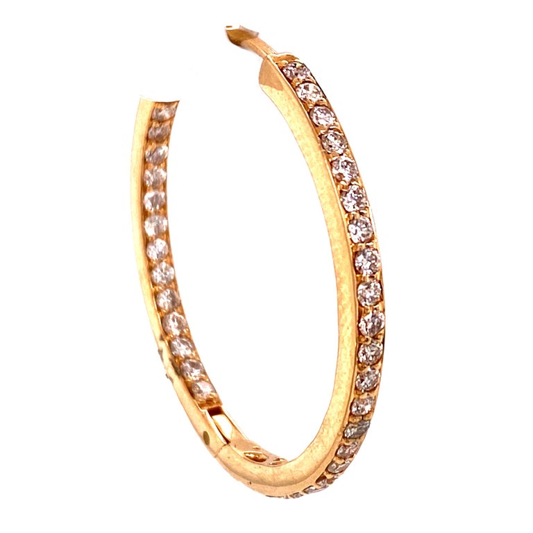 Diamond In and Out Hoop Earrings 14 Karat Yellow Gold For Sale at 1stDibs