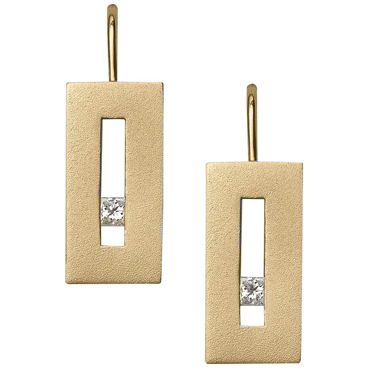 Diamond in Yellow Gold Suspended Rectangle Earrings For Sale at 1stDibs