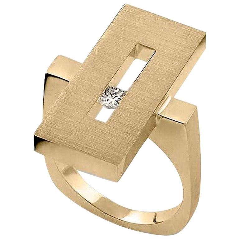 Customizable Diamond in Yellow Gold Suspended Rectangle Ring For Sale ...