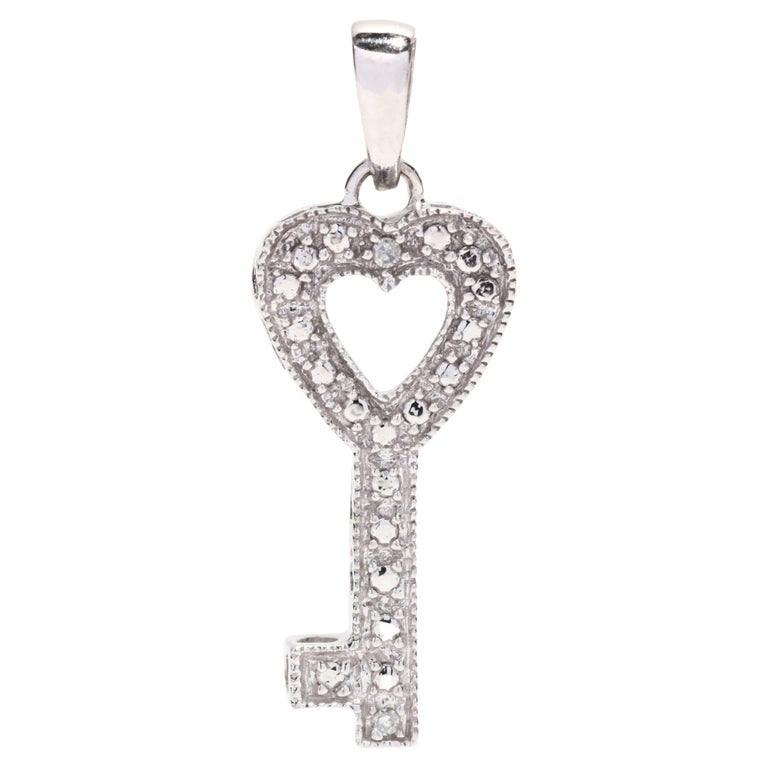 Diamond Key Charm, 10K White Gold Love Heart Key Charm For Sale at 1stDibs