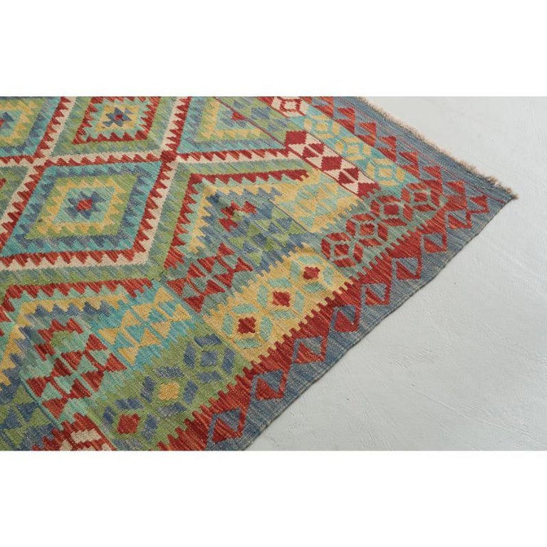 Diamond Kilim Wool Rug with Colorful Geometric Pattern For Sale at 1stDibs