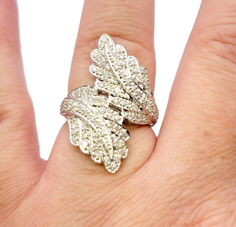 Diamond Leaf Motif Bypass Cocktail Ring in 14 Karat White Gold Long ...