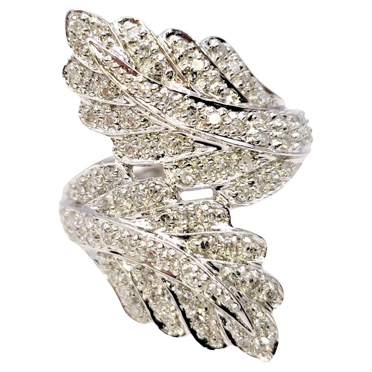 Diamond Leaf Motif Bypass Cocktail Ring in 14 Karat White Gold Long ...