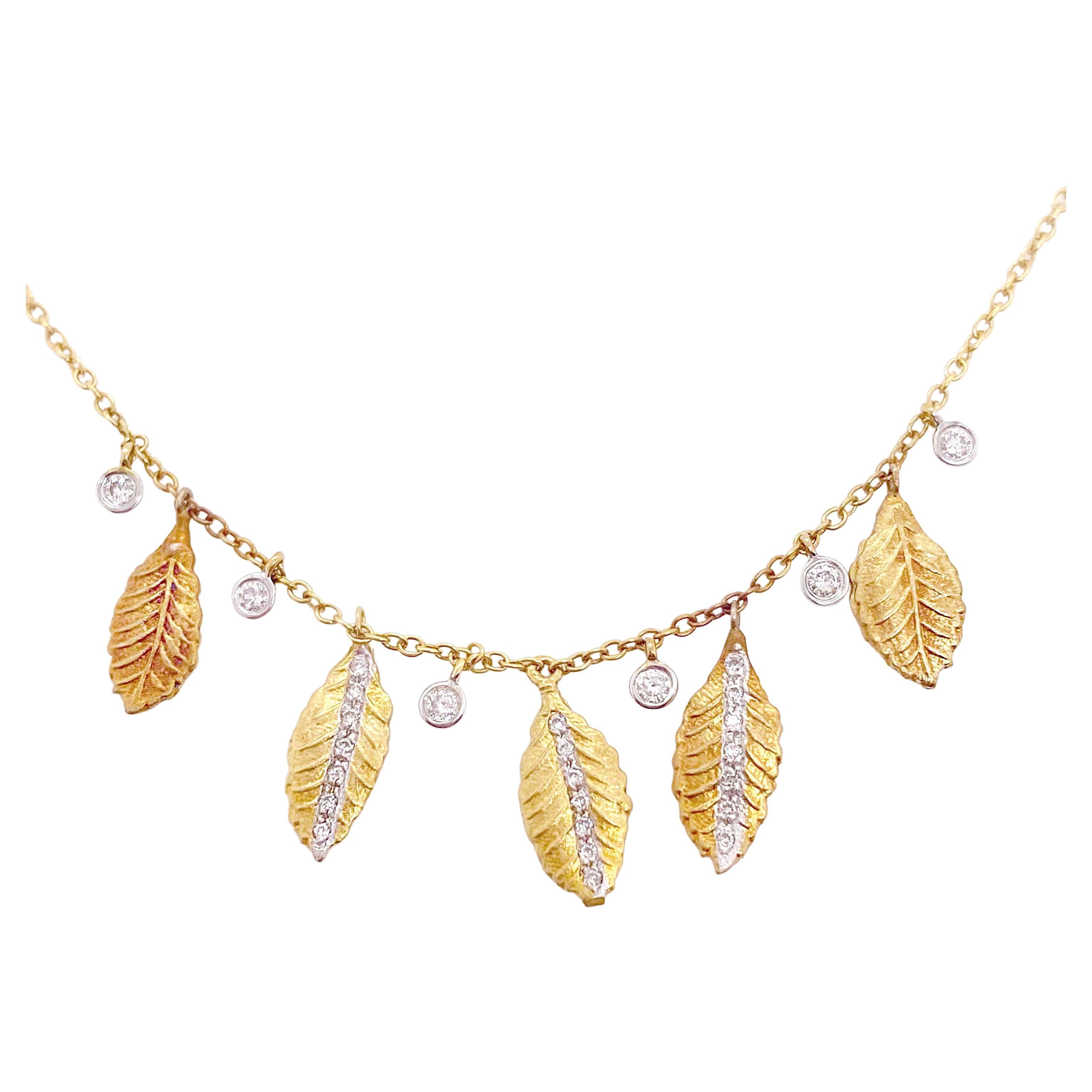 Diamond Leaf Necklace, Yellow Gold, Charm Necklace, Nature Inspired For ...
