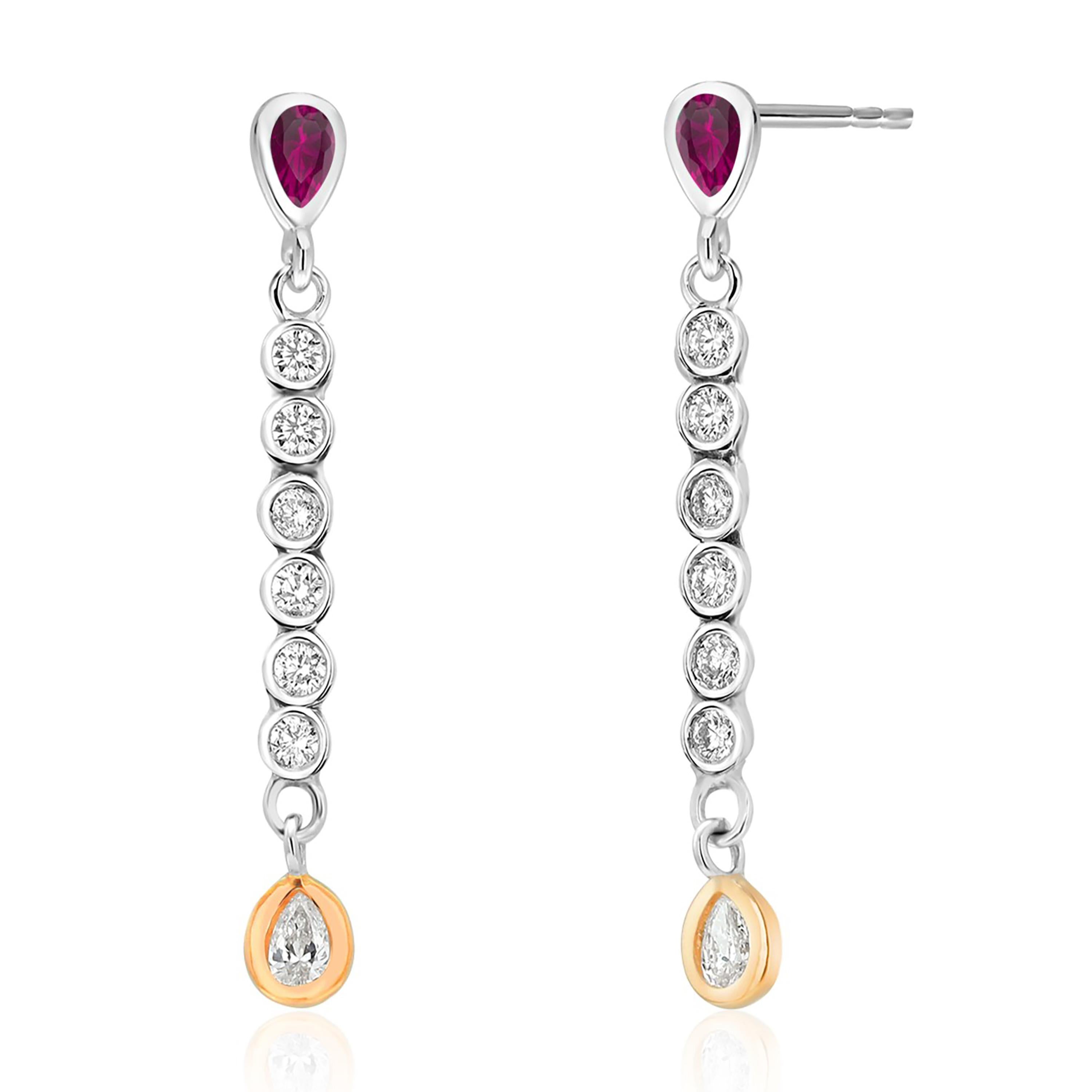 Diamond Linear Gold Drops with Pear Shaped Diamond and Ruby Lever Back ...