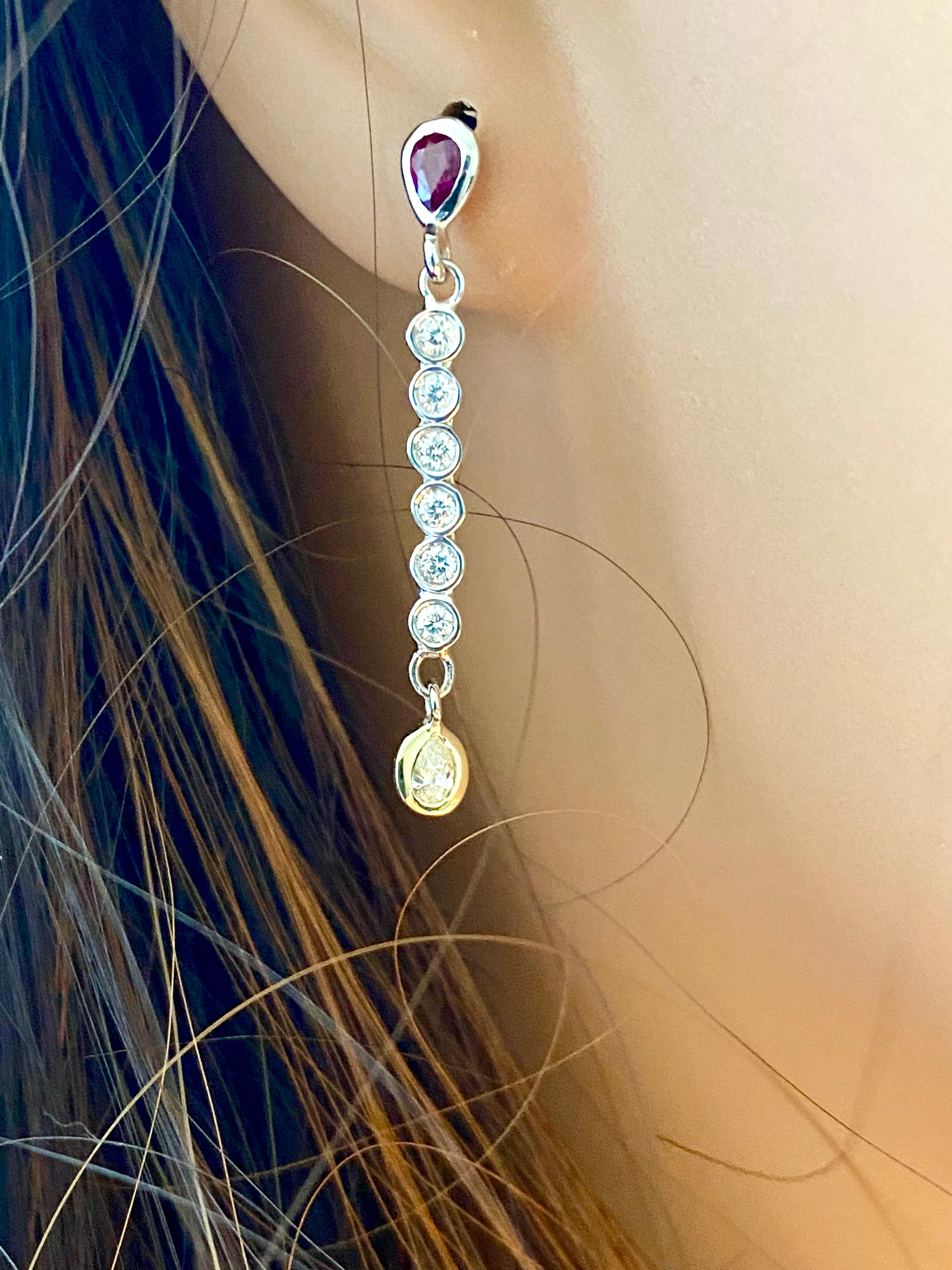 Diamond Linear Gold Drops with Pear Shaped Diamond and Ruby Lever Back ...