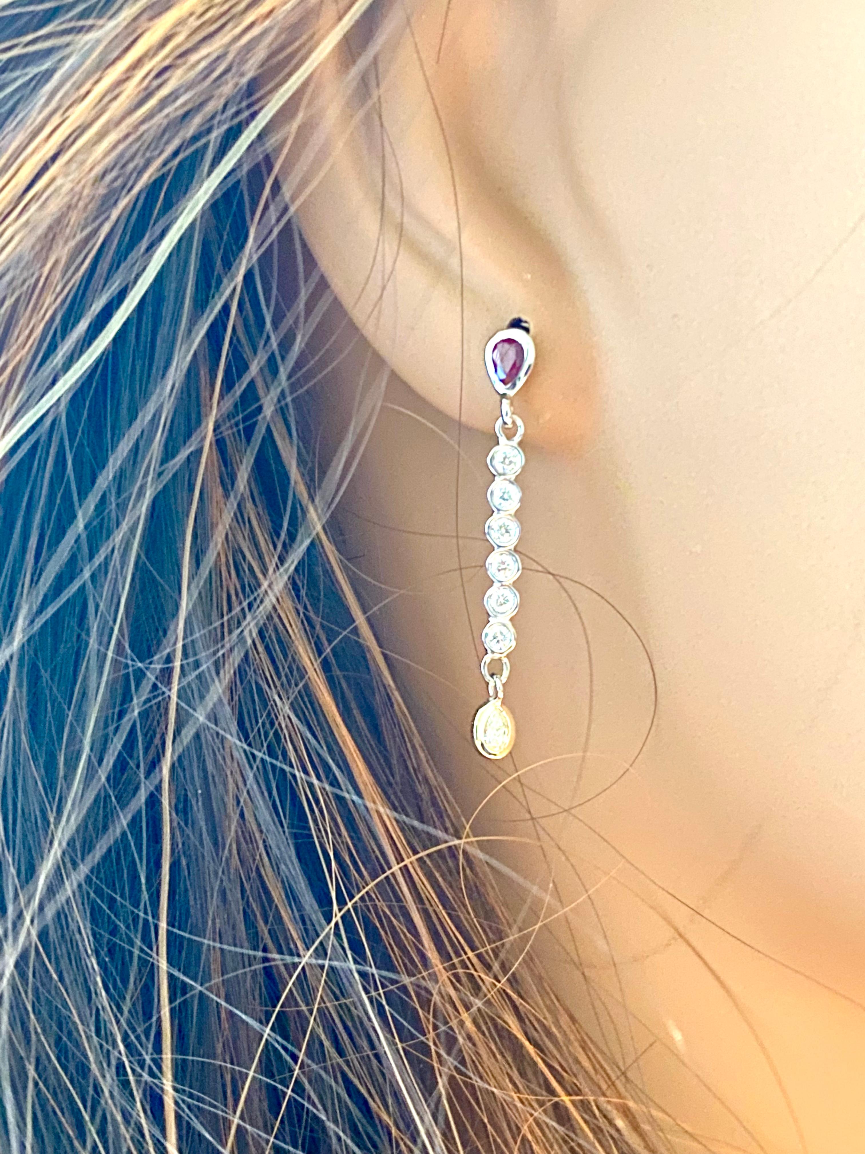 Diamond Linear Gold Drops with Pear Shaped Diamond and Ruby Lever Back ...