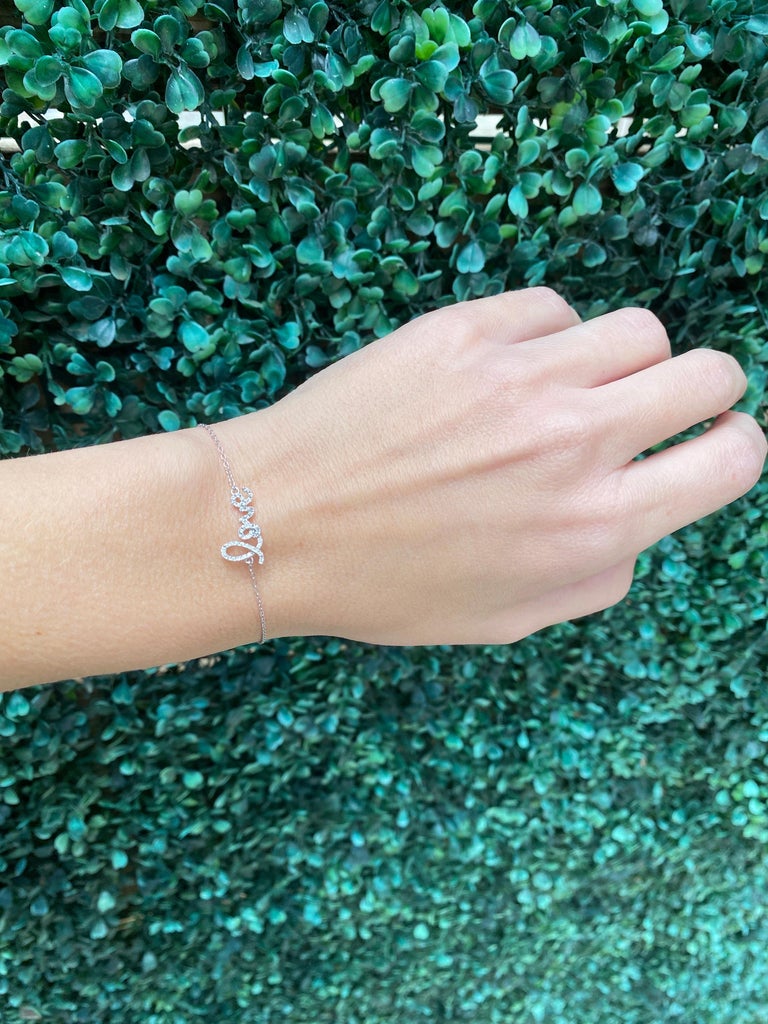 Diamond Love Script Bracelet in 14 Karat White Gold For Sale at 1stDibs
