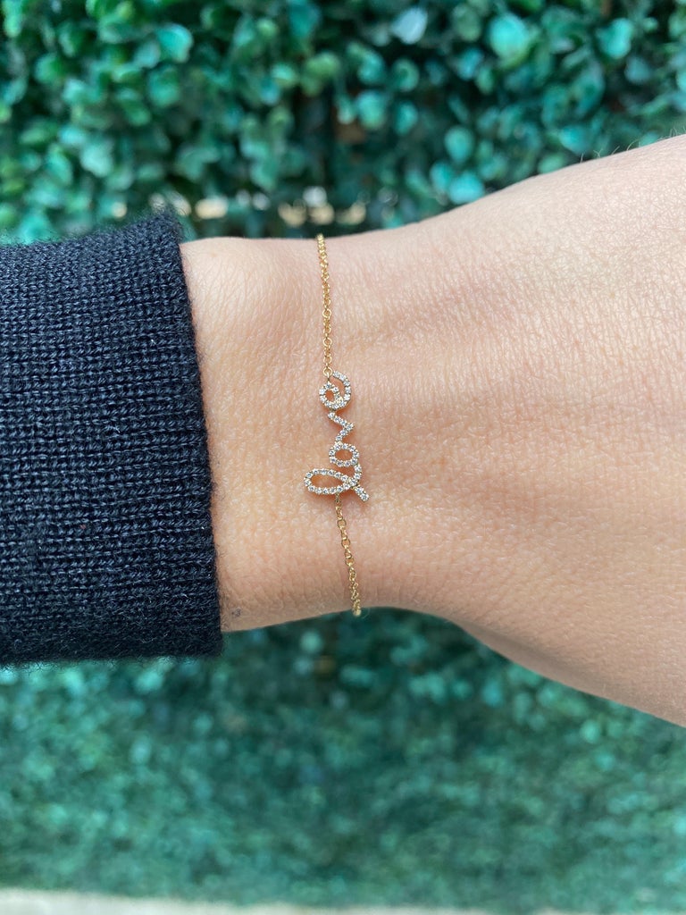 Diamond Love Script Bracelet in 14 Karat Yellow Gold For Sale at 1stDibs