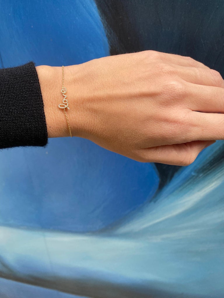 Diamond Love Script Bracelet in 14 Karat Yellow Gold For Sale at 1stDibs
