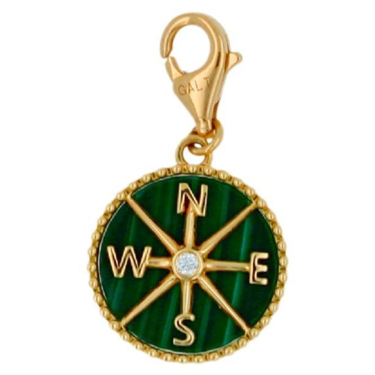 Diamond Green Malachite Compass Bezel Medallion 18K Yellow Gold Charm ...