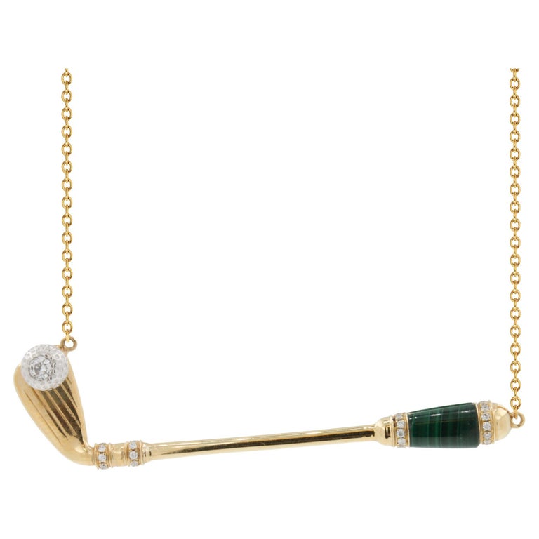 Diamond Malachite Golf Club Birdie Charm 18 Karat Yellow Gold Necklace ...