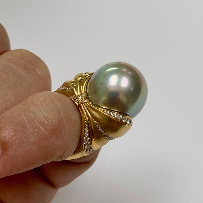 Diamond Mocca Color Tahiti Pearl 18 Karat Yellow Gold Bow Ring For Sale ...